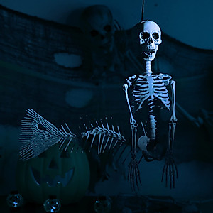 DECORLIFE 30" Mermaid Skeleton, Skeleton Halloween Decoration, Hanging Posable Halloween Prop for Haunted House, Trunk or Treat, Bathroom