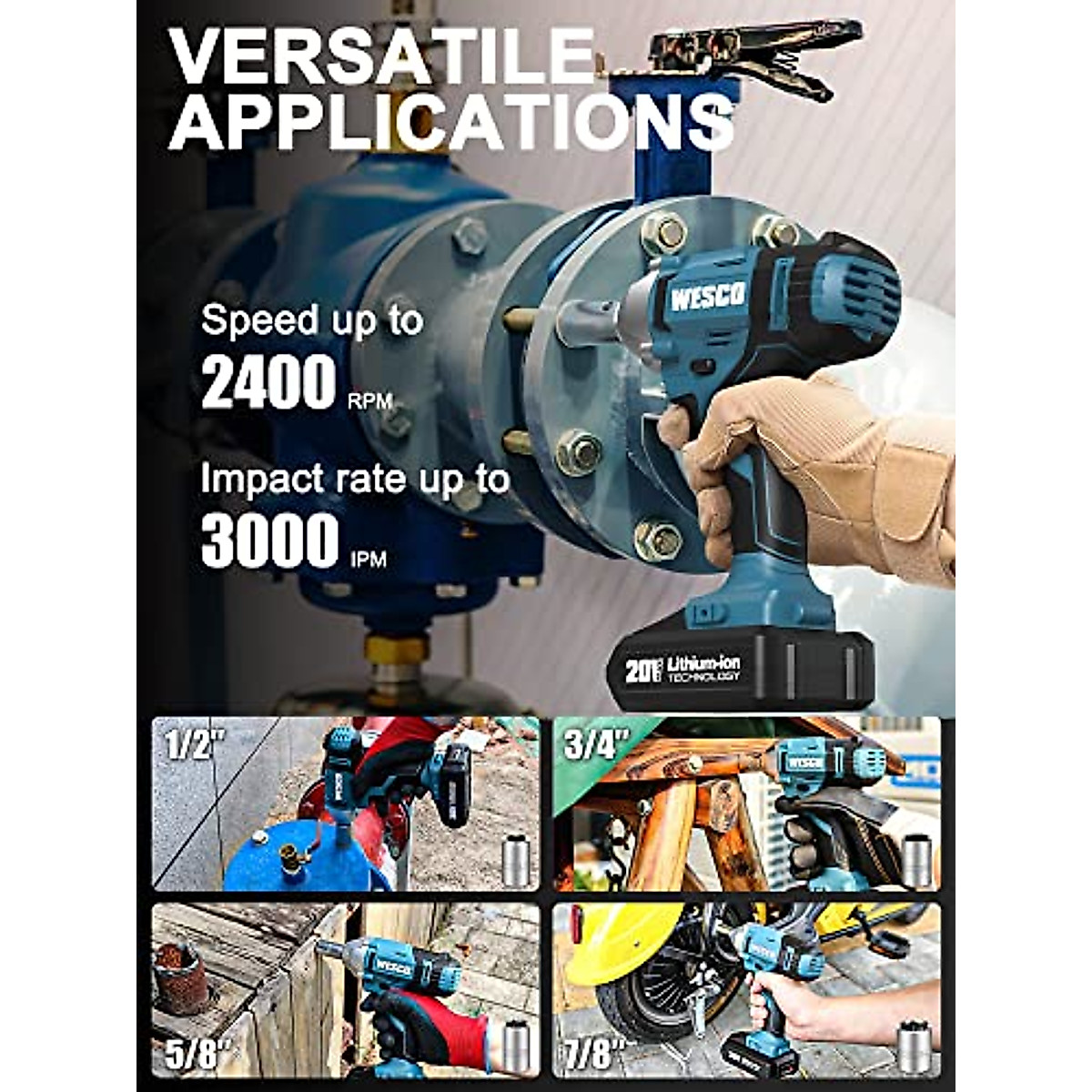 WESCO 20V Cordless Impact Wrench, 1/2",1602 In-lbs(180N.m),2.0A Li-ion Battery, LED Light 3 Pcs Drive Impact Sockets and 1 Hour Fast Charger