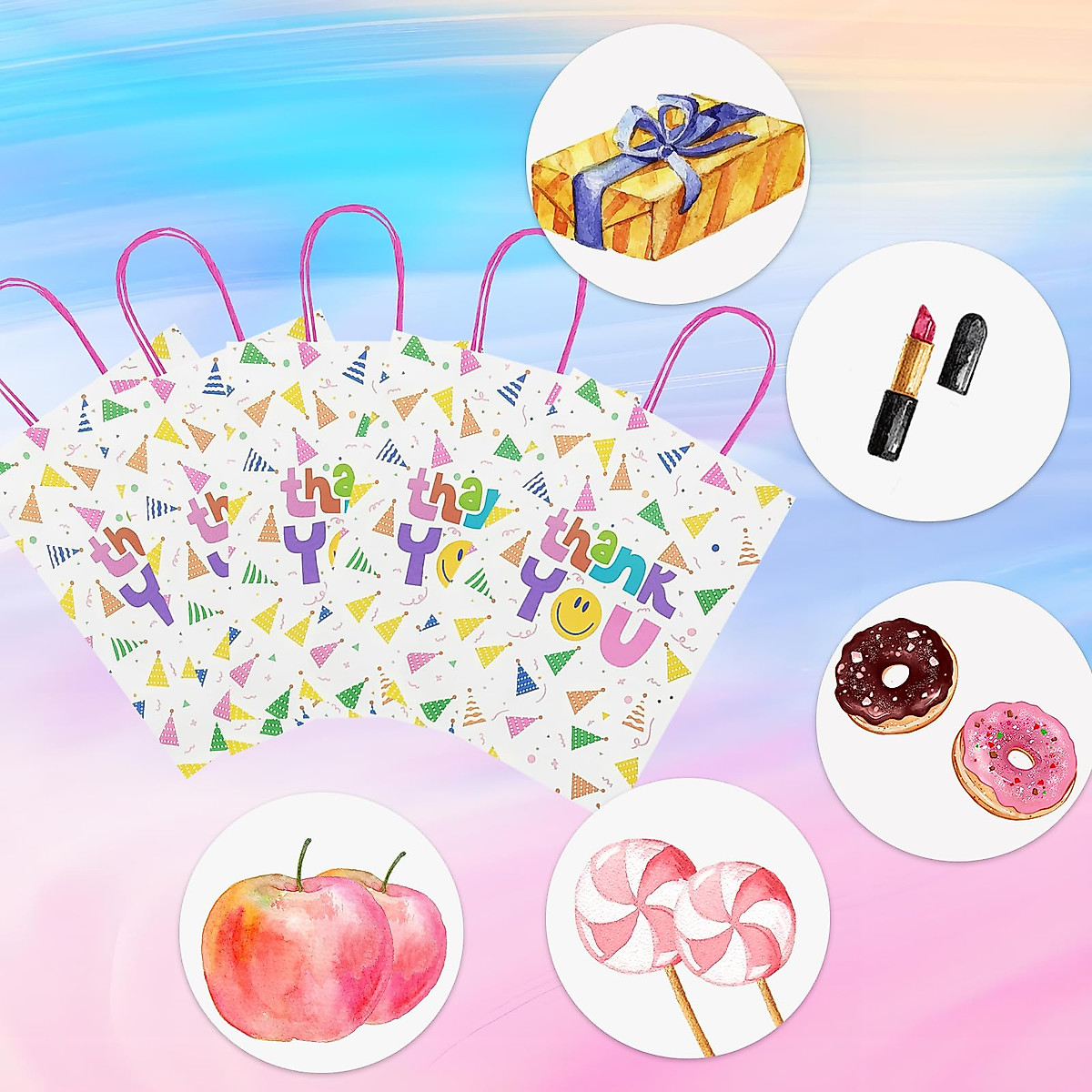 OFIHANLY 20Pcs 8.2" Small Thank You Party Favor Goodie Bags for Boy Girls Kids Birthday Cute Paper Treat Candy Return Gift Bags Bulk with Handles