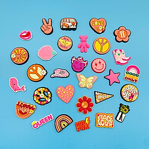 30PCS Hippy Shoe Charm Hippie Peace Theme Shoe Charms for Croc Clog Decoration Boho Rainbow Daisy Charms for Girls Women Kids Adults Party's Favor