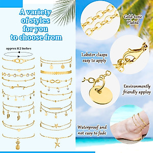 Hicarer 16 Pieces Ankle Bracelets 14K for Women Anklets Set Silver Gold Boho Beach Anklets Foot Chains Adjustable Foot Hand Jewelry Romantic Gift(Gold)