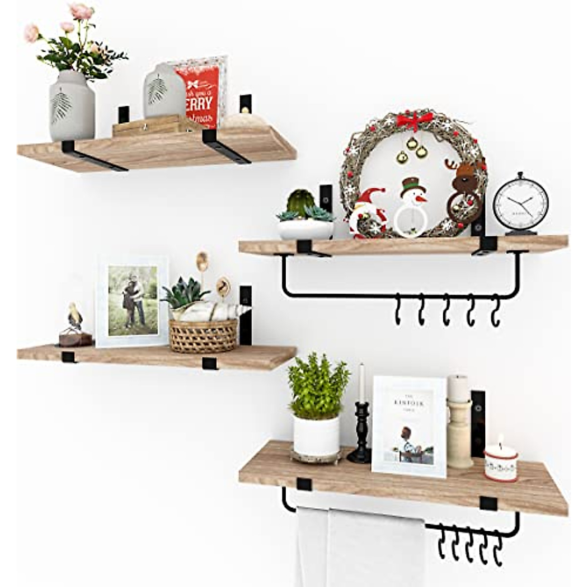 Rustic Floating Shelves, Set of 4, Wooden Wall Shelves with Bars, Storage Shelves for Bathroom, Kitchen, Living Rooms, Bedroom (Light Brown)