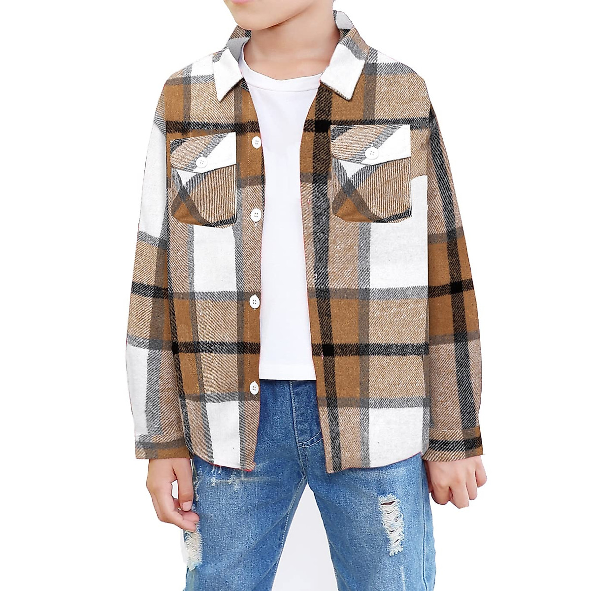 SANGTREE Mens Plaid Flannel Shirt Jacket Long Sleeve Button Down Shacket, Khaki Plaid, Small
