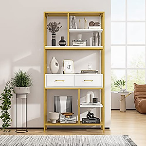 HITHOS Bookshelf, Tall Bookcase with 2 Drawers and Storage Shelves, Industrial Etagere Bookcase Book Shelves for Office, Living Room, Bedroom, White/Gold