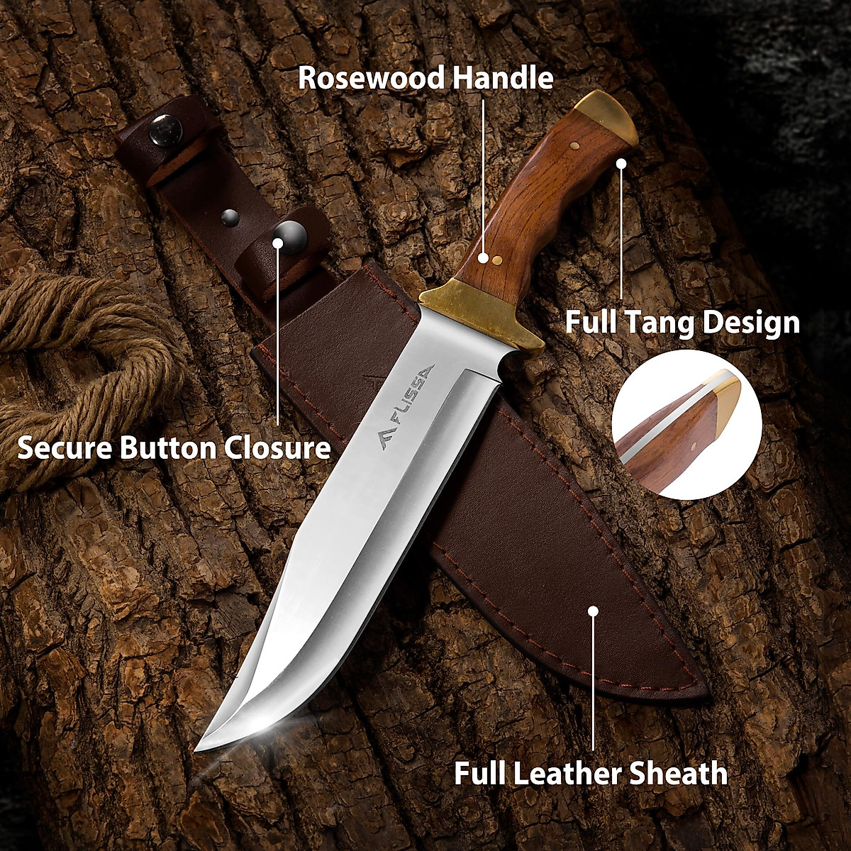 FLISSA 14-inch Bowie Knife, Full-tang Fixed Blade with Wood Handle, Hunting Knife with Leather Sheath for Outdoor Survival, Camping, Hiking