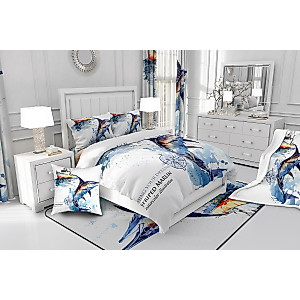Marlin Swordfish Comforter Cover Tie Dye Duvet Cover Sets Hunting And Fishing Bedding Set For Kids Boys Girls Sea Fishing Boat Marine life Nautical Quilt Cover With 2 Pillow Cases Queen Size Blue