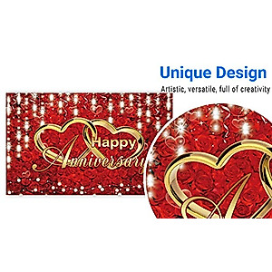 Funnytree Happy Wedding Anniversary Party Backdrop Banner Red Gold Flowers Roses Photo Booth Banner Supplies Photography Background Indoor Outdoor Decorations