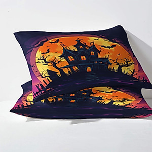 Halloween Sheets Twin Size, Castle Bat Moon Bed Sheets, Patterned Bedding Sheets & Pillowcases 3 Piece Set - Soft Microfiber Deep Pocket Fitted Sheet & Flat Sheet & Pillow Case M5-&-23