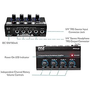 PYLE-PRO 4-Channel Portable Stereo Headphone Amplifier-Professional Multi-Channel Mini Earphone Splitter Amp w/4 ¼” Balanced TRS Headphones Output Jack and 1/4' TRS Audio Input For Sound Mixer-PHA40.