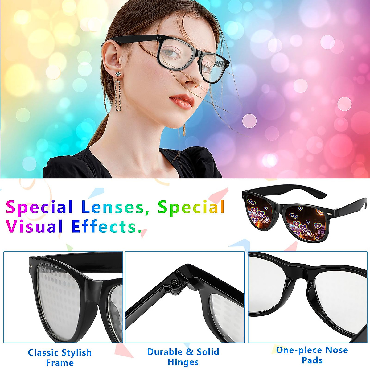 3Pcs Diffraction Glasses, 3D Prism Rainbow Heart Star Effect Light Refraction Glasses Rave Glasses Women Men for Edm Party