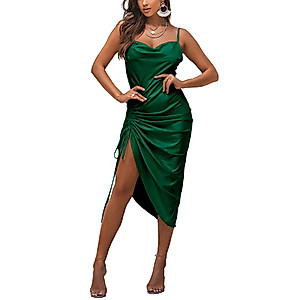LYANER Women's Satin Spaghetti Straps Cowl Neck Sexy Ruch Cocktail Midi Dresses Dark Green Large