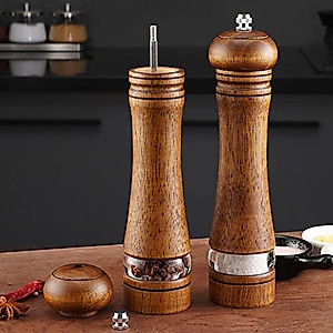 2-Piece Salt and Pepper Grinder Set, 8 Inch Wooden Salt and Pepper Mills with Adjustable Coarseness, Refillable Manual Pepper Mill Grinder for Home Cooks (Brown)