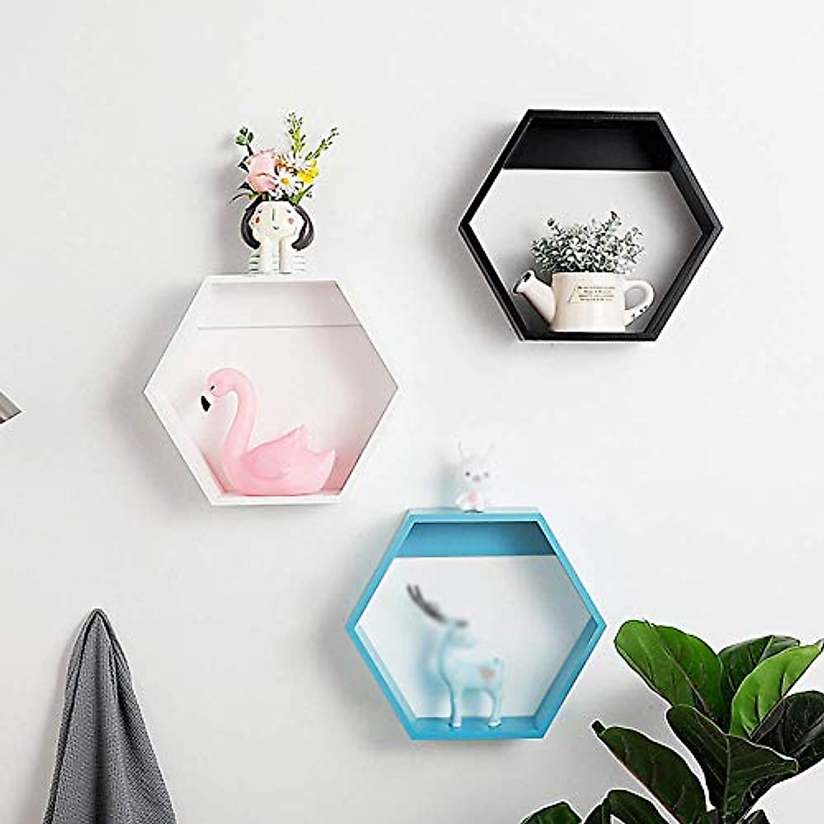 PIBM Stylish Simplicity Shelf Wall Mounted Floating Rack Shelves Wooden Lattice Simple Hexagon Collection Display Stand Storage Bedroom Living Room,5 Colors, Blue , 30x8x26cm