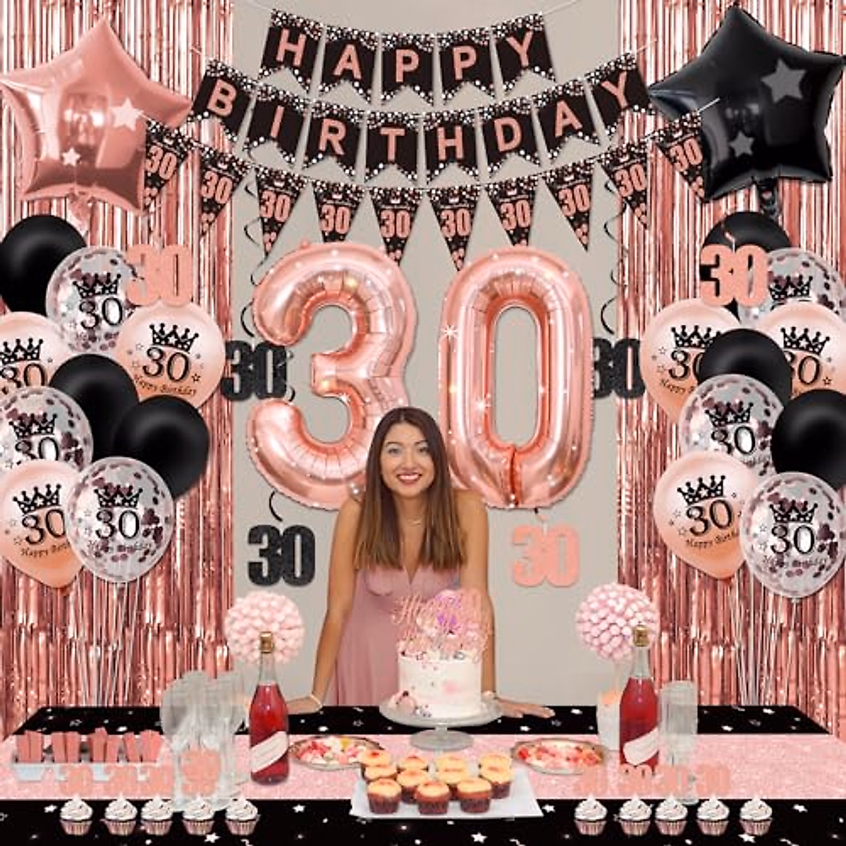 30th Black and Rose Gold Party Decorations - Happy Birthday Banner, Pennant, Birthday Balloons, Fringe Curtains, Tablecloth, Cake Topper, Hanging Swirls 30th Birthday Decorations for Women Princess
