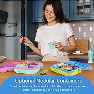 Caperci Bento Lunch Box for Kids - Large 4.8 Cups Lunch Container with 2 Modular Containers - 4 Compartments, Leak-Proof, Portable Handle, Microwave/Dishwasher Safe (Blue/Juicy Pear)