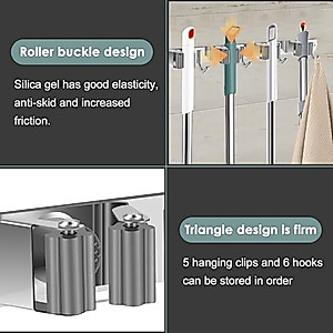 US Broom Holder Wall Mount Stainless Steel Mop and Broom Holder with 5 Racks and 6 Hooks Effective Broom Organizer Versatile Broom Hanger Wall Mount for Kitchen Closet Laundry Room Pantry(1)