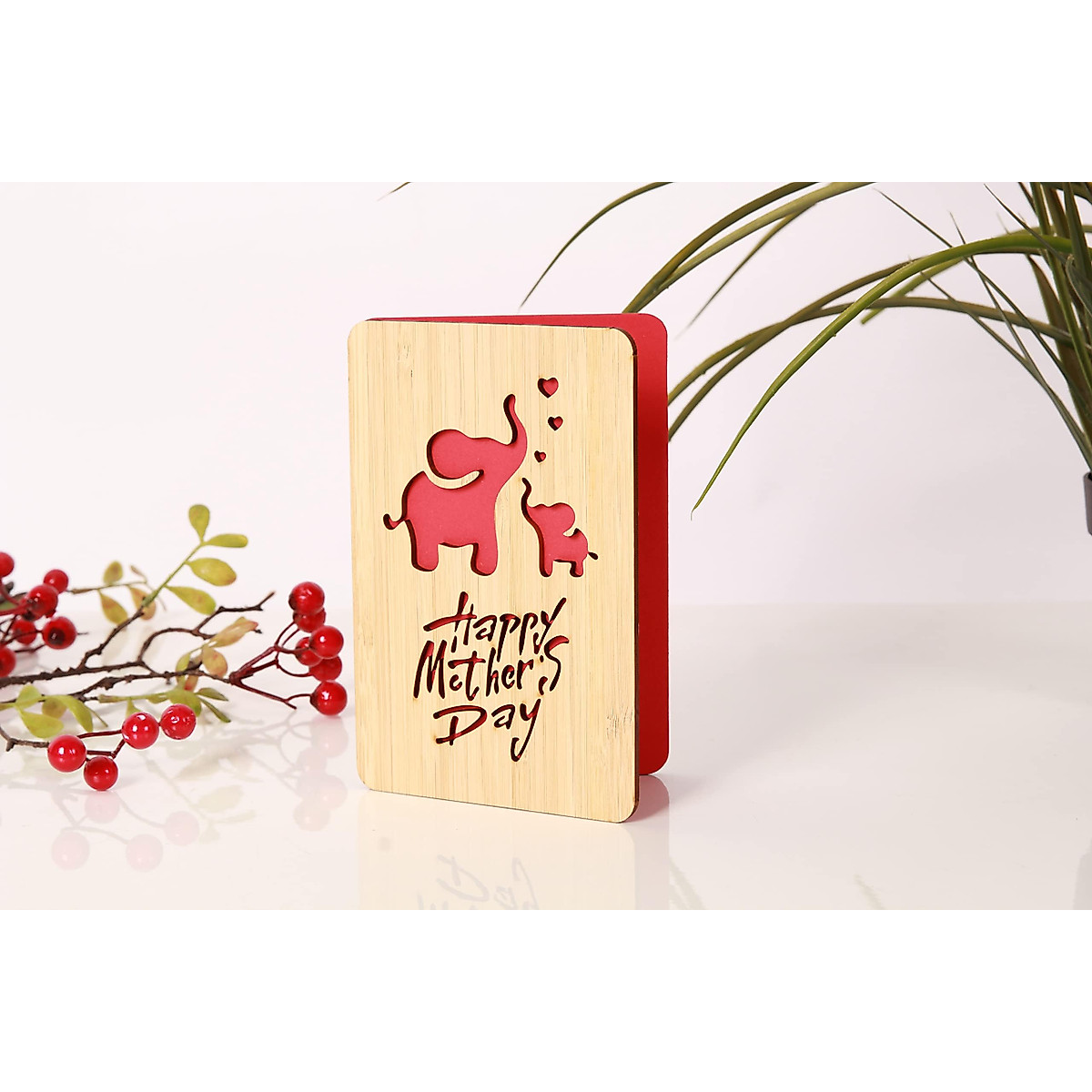 Della Stella Mothers Day Cards,Handmade Bamboo Greeting Cards,Wooden Thankyou Card,Wooden Birthday Card for Mom,Mum Birthday Gift,Elephant pattern