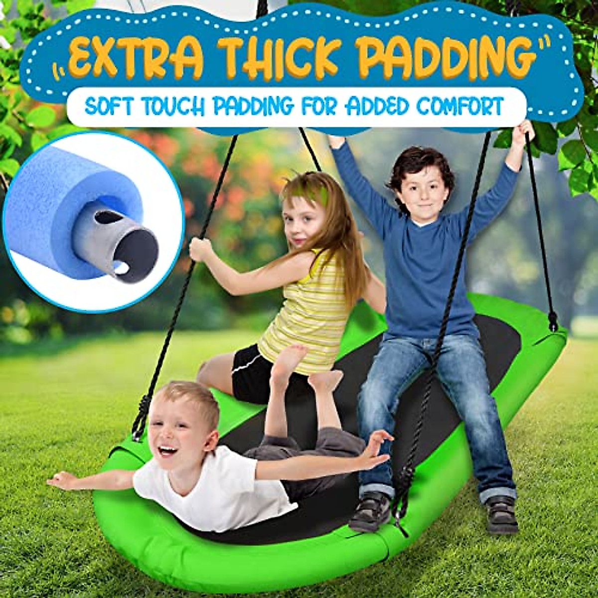 SereneLife Outdoor Spinner Saucer Tree Swing-Hanging Tree Oval Shaped Flying Saucer w/Rope Straps,Cushion Padded Metal Frame,Polyester Fabric Seat,for Kids & Adult-SereneLife SLSOVSWNG55GR (Green)