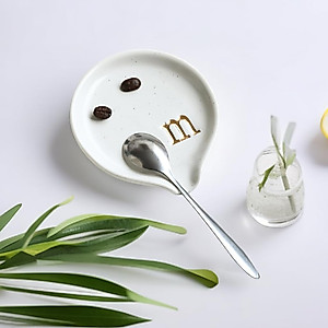 COLLECTIVE HOME - Ceramic Coffee Spoon Rest, Monogram Ceramic Spoon Holder, 3.8 Inches Coffee Spoon Holder, Mini Teaspoon Rest, Small Spoon Holder for Stove Coffee Bar (m)