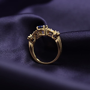 AFFY Oval Cut Simulated Blue Sapphire & Cubic Zirconia Fashion Ring in 14k Yellow Gold Over Sterling Silver Ring Size - 5