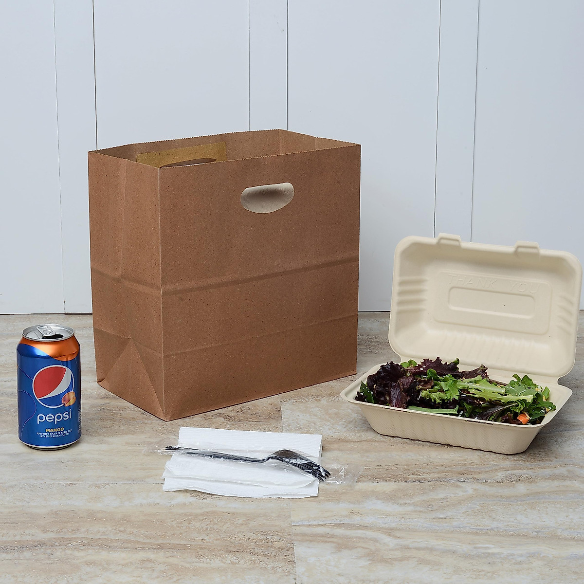 Prime Line Packaging Brown Paper Bags with Die Cut Handles for Food To Go, Bread, Take Out Goodie, Restaurant, Small Business, Bulk, 11x6x11, 100 Pack