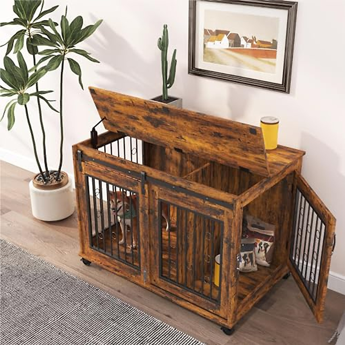 Rophefx Dog Crate Furniture with Sliding Door, Dog Kennel Indoor with Partition for Two Puppies, Dog Cage with Flip-up Top and Wheels, Chew-Resistant Wooden Double Dog Crate, Brown