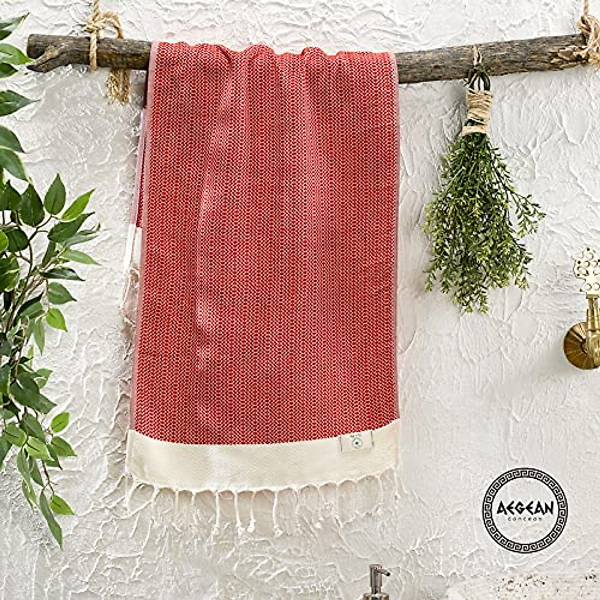 Aegean Concept Turkish Hand Towels Set of 2 | 100% Cotton, 18 x 41 Inches | Decorative Bathroom Peshtemal Towel for Hand, Face, Hair, Gym, Yoga, Tea, Dishcloth, Kitchen and Bath -Red