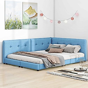 ATY Upholstered Queen Size Daybed with 2 USB Ports, Sofa Bed Platform Bedframe with Slat Support, No Box Spring Needed, for Bedroom, Livingroom, Guestroom, Easy Assembly, Blue