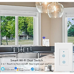 Nexete Smart Wi-Fi Double Light Switch, 2 in1 Single Pole Switch Compatible with Alexa Google Assistant & IFTTT,Remote Control, Timing Function No Hub Required (1-Pack Double Smart Switch)