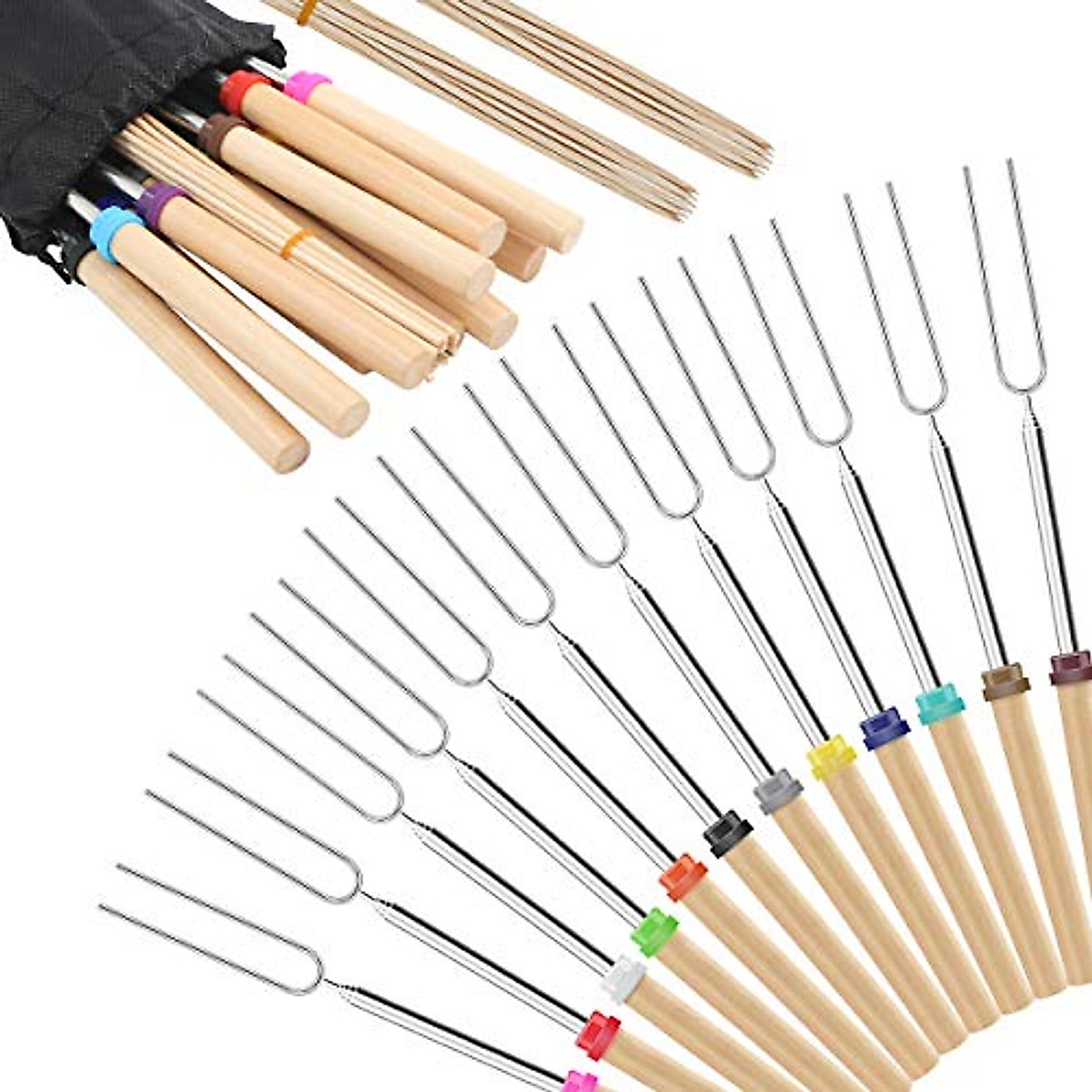 Marshmallow Roasting Sticks Wooden Handle Set of 12 Smores Skewers Telescoping Forks 32 inch Telescoping Smores Skewers for Campfire, Firepit, and Sausage BBQ with Portable Bag & 20 Bamboo Skewers