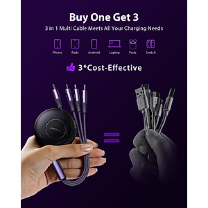 CAFELE Multi Charging Cable [Travel Companion] 100W Retractable Charging Cable, 3in1 Charging Cable Multiple Ends with USB C, USB L, Micro USB, Chargers for Multiple Devices Phone 14 Samsung MacBook