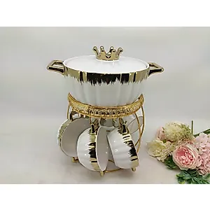 TFE's Fancy Ceramic Soup Tureen Bowl Gift Set with 6 Soup Bowls/Cups with Handles, Gold Stand & Lid, Hotpot Style Home Decor Kitchen Utensils Set for Ramen Pasta Gravy (White and Gold)