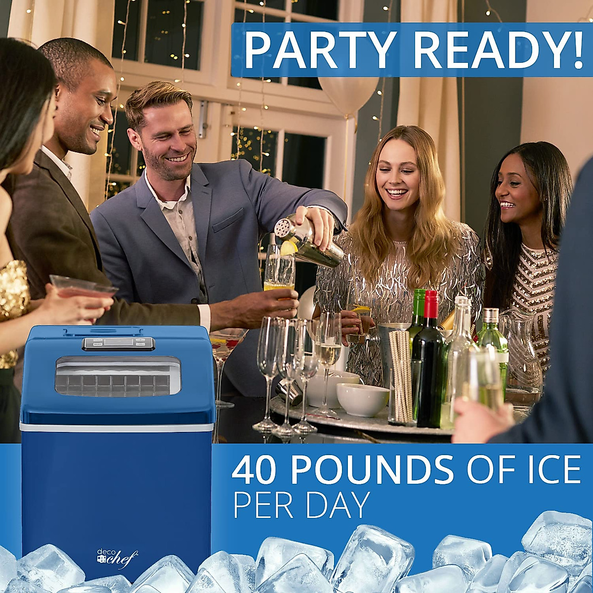 Deco Chef Countertop Ice Maker 40LB/24H, 24 Full Cubes Every 15 Minutes, Adjustable Size, Digital Control and Timer, Self-Cleaning, EZ Access Flip Lid, Scoop Included, Blue
