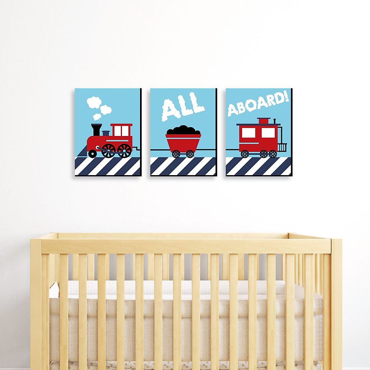 Big Dot of Happiness Railroad Crossing - Steam Train Baby Boy Nursery Wall Art and Kids Room Decorations - Gift Ideas - 7.5 x 10 inches - Set of 3 Prints