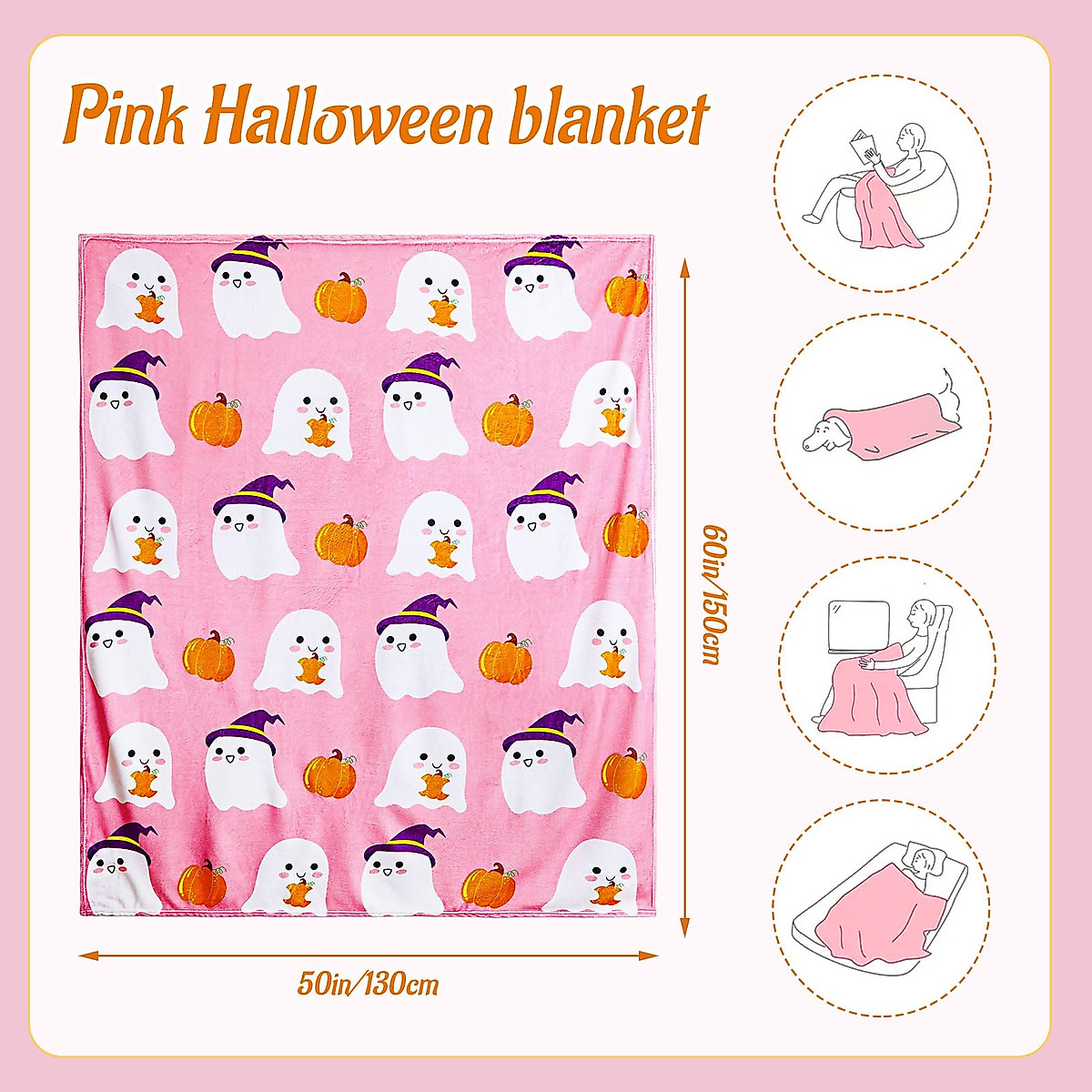 Jansun Halloween Pink Flannel Blanket, 60 x 50 Inch Ghost Pumpkin Throw Blanket Lightweight Reversible Blankets Plush Throw Blanket Soft Living Room Couch Bed Blanket for Girls Boys