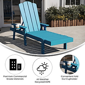 Flash Furniture Sonora Adjustable Adirondack Lounger with Cup Holder, Commercial Grade All-Weather-Weather Indoor/Outdoor Recycled HDPE Lounge Chair, Blue