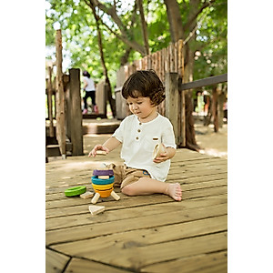 PlanToys Wooden Sorting and Stacking Rocket with Astronaut (5694) | Sustainably Made from Rubberwood and Non-Toxic Paints and Dyes | Eco-Friendly PlanWood