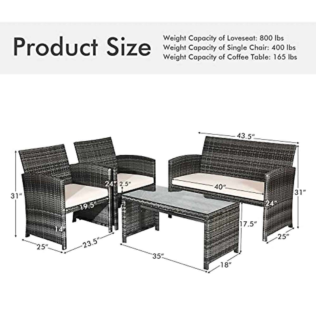 RELAX4LIFE 4-Piece Wicker Furniture Set - Hand-Woven PE Conversation Set with Cushions and Tempered Glass Coffee Table, Outdoor Rattan Sofas for Garden, Poolside, Backyard (White)