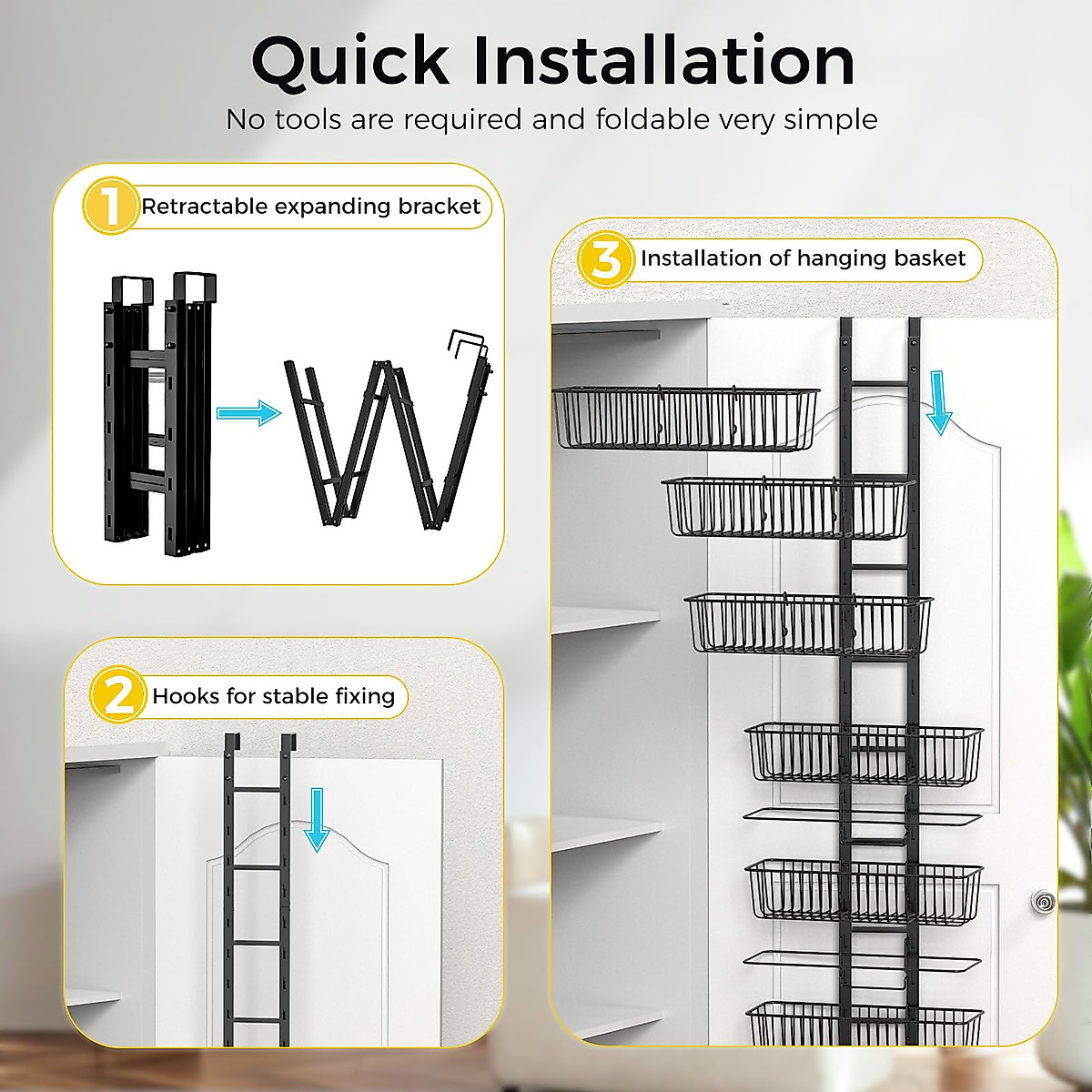 (90% Pre-installed) Over the Door Organizer for Pantry, Bathroom, Laundry Room (Multiple Uses) No Drilling Required, Sturdy and Stable (8 Adhesive Pad) 6 Tier, 12 Inches Wide, 49 Inches High