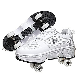 Roller Skates for Women Outdoor,Parkour Shoes with Wheels for Girls/Boys,Kick Rollers Shoes Retractable Adults/Kids,Quad Roller Skates Men,Unisex Skating Shoes Recreation Sneakers,Silver-6.5US