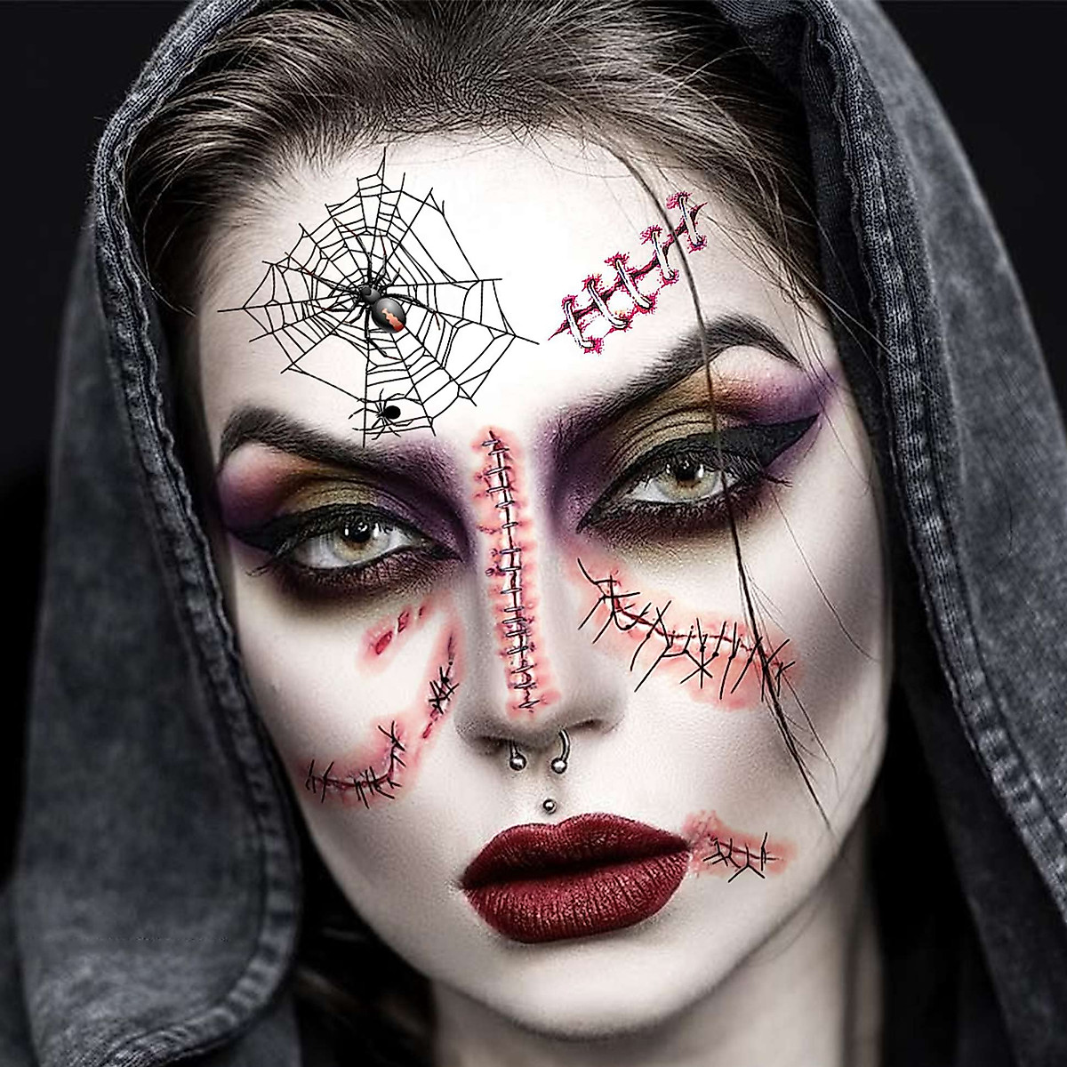 Yezunir 88+ Styles 18 Sheets 3D Halloween Temporary Tattoos For Kids Realistic Spider Web Bat Witch Pumpkin Fake Scars Tattoos Sticker Zombie Halloween Makeup Kit Women Men Adults Face Stitches Wound