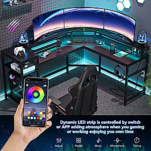 LITTLE TREE L Shaped Gaming Desk: Computer Desk with Power Outlet & LED Stripe, Modern Coner L Desk with Storage Shelves for Home Office - Black