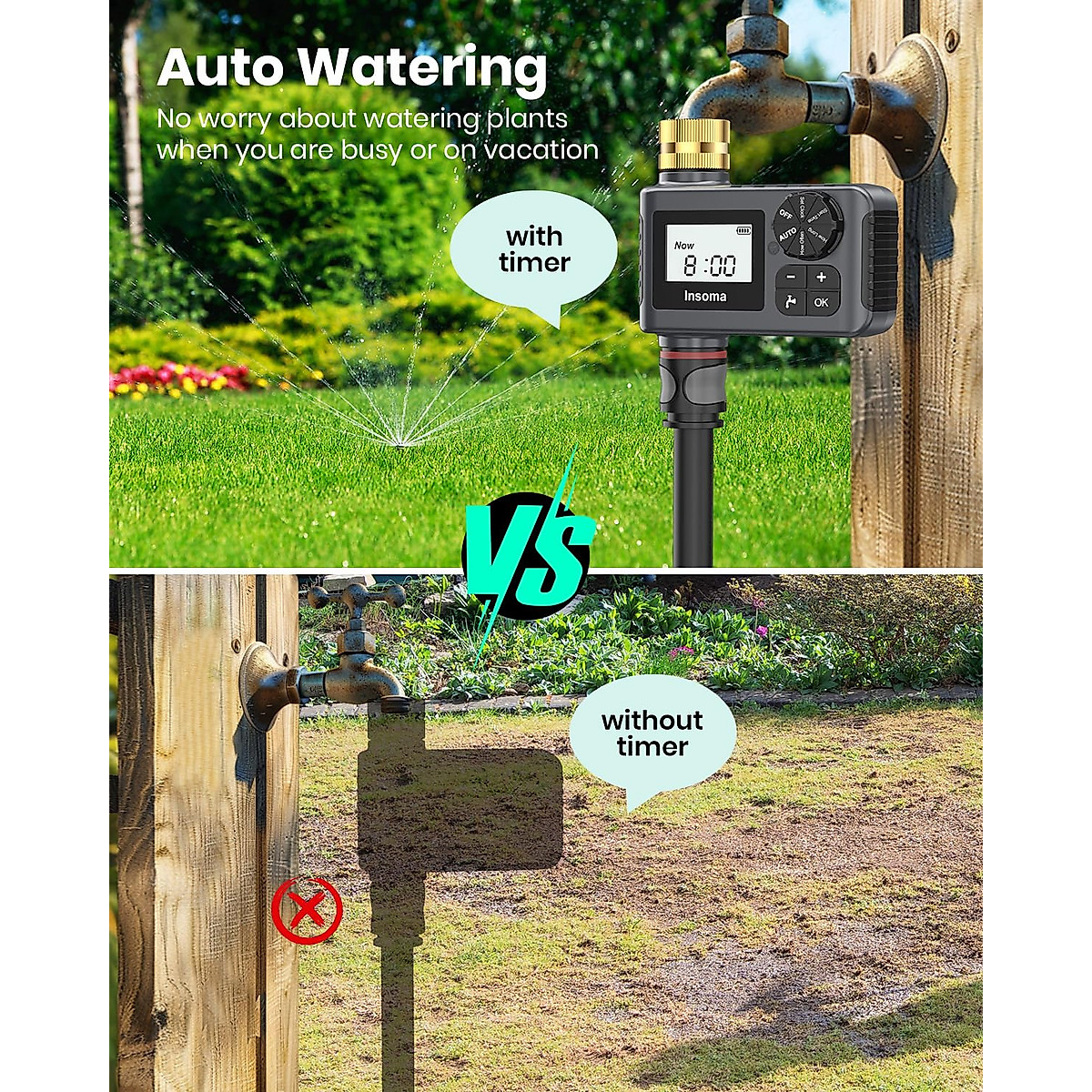 [Upgraded Version] Sprinkler Timer with Brass Swivel, Programmable Water Timer for Outdoor Garden Hose, Hose Timers with Rain Delay/Manual/Auto Mode, Drip Irrigation and Lawn Watering System, 1 Outlet