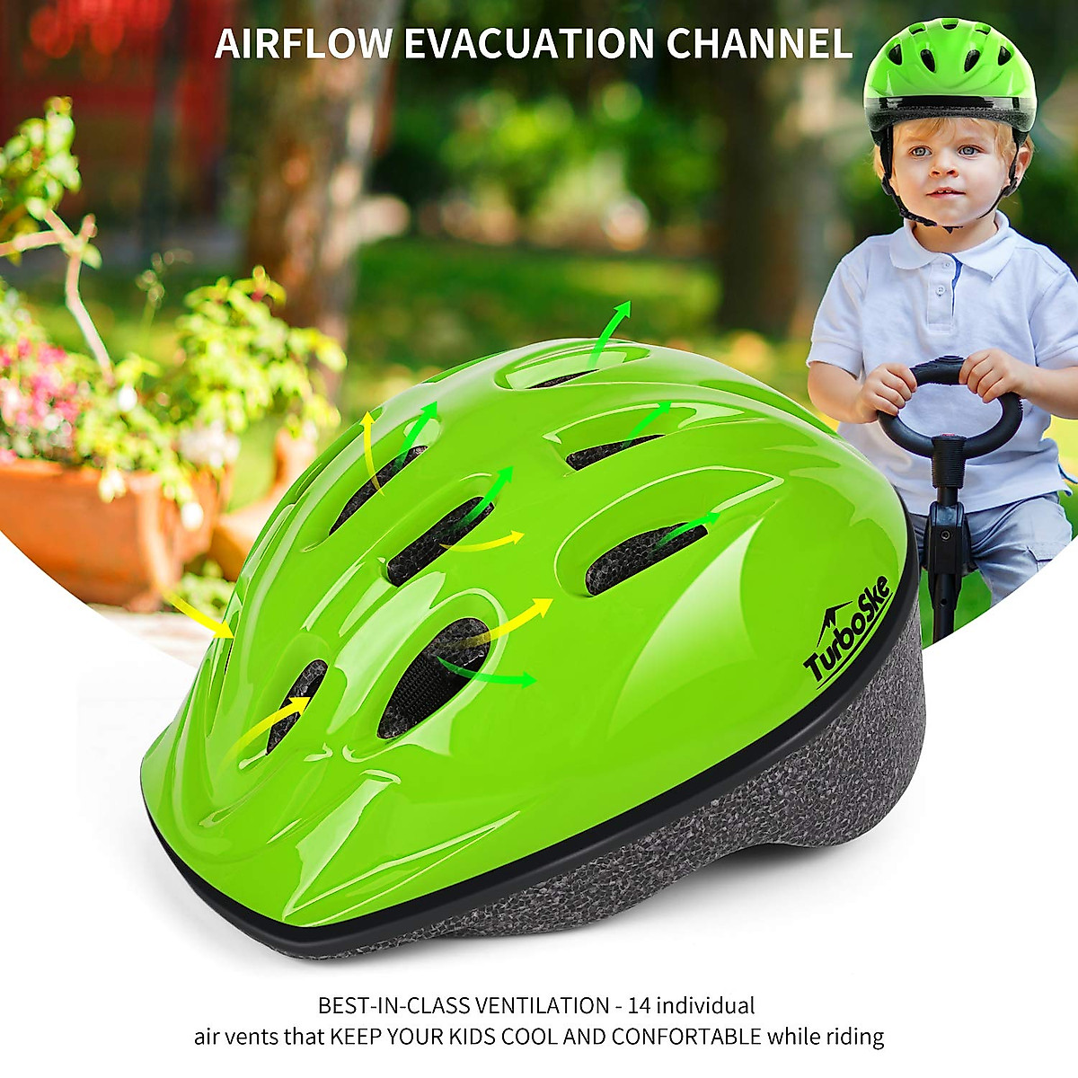 TurboSke Toddler Kids Bike Helmet, Multi-Sport Helmet Size Adjustable for boys and girls (Glossy Lime Green, Small: 48-52cm/18.8"-20.5")