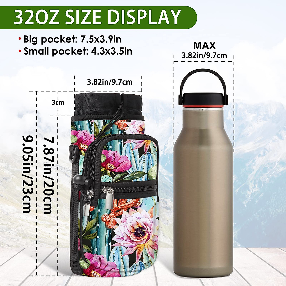 WINTOJO Neoprene Water Bottle Carrier Bag Holder 25oz 32oz 40oz 64oz Insulated Water Bottle Sling Sleeve Case Cover with Strap Pockets for Men Women Walking Hiking Running (32oz, cactus)