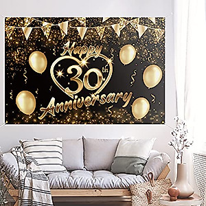 5665 Happy 30th Anniversary Backdrop Banner Decor Black Gold – Glitter Love Heart Happy 30 Years Wedding Anniversary Party Theme Decorations for Women Men Supplies