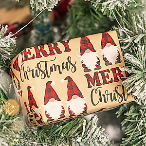 RUSPEPA Kraft Christmas Wrapping Paper Roll - Mini Roll - Red and Black Plaid Gnome Design for Holiday Gift Wrap - 17.5 Inches X 32.8 Feet