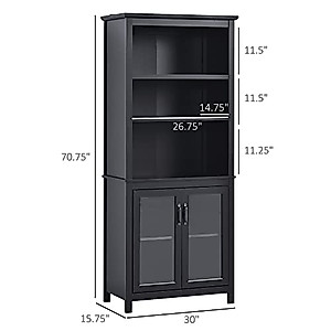 HOMCOM 71" Bookcase Storage Hutch Cabinet with Adjustable Shelves and Glass Doors for Home Office, Kitchen, Living Room, Black