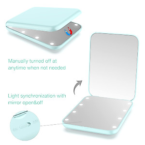 wobsion Compact Mirror, Magnifying Mirror with Light, 1x/3x Handheld 2-Sided Magnetic Switch Fold Mirror,Small Travel Makeup Mirror,Pocket Mirror for Handbag,Purse,Gifts for Girls(Cyan)