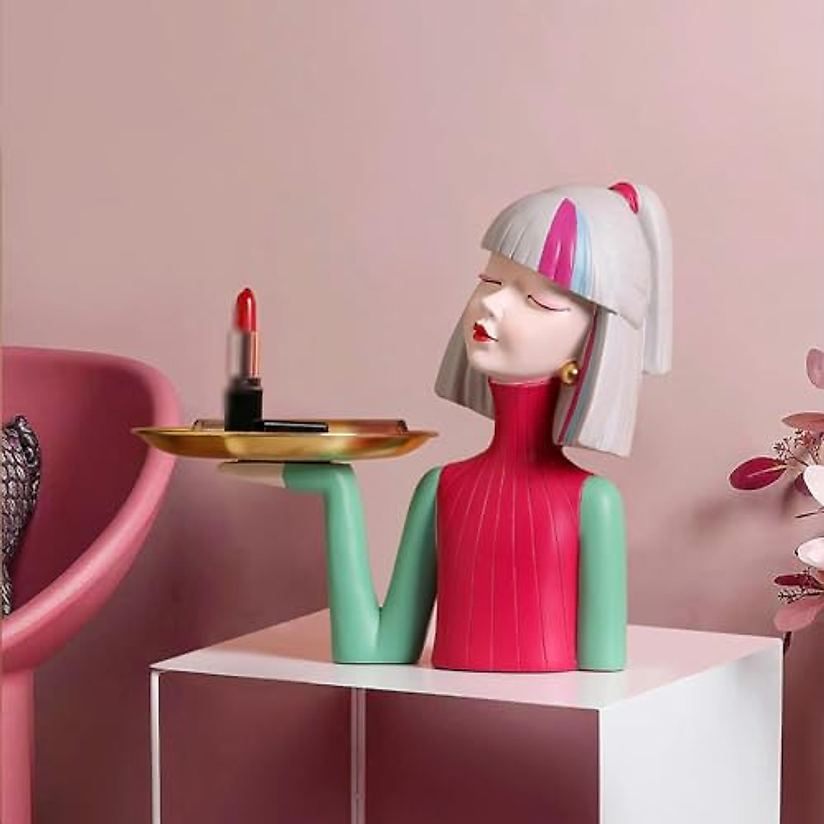 XINGYUANHE Girl Tray Storage Resin Statue Snacks Storage Plate Living Room Desktop Decoration